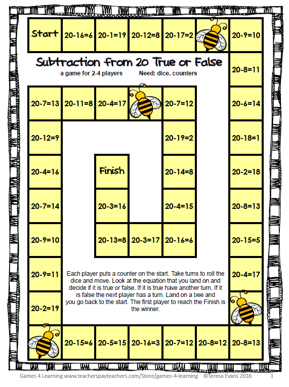 Subtraction from 20 True or False - SchoolhouseTeachers.com