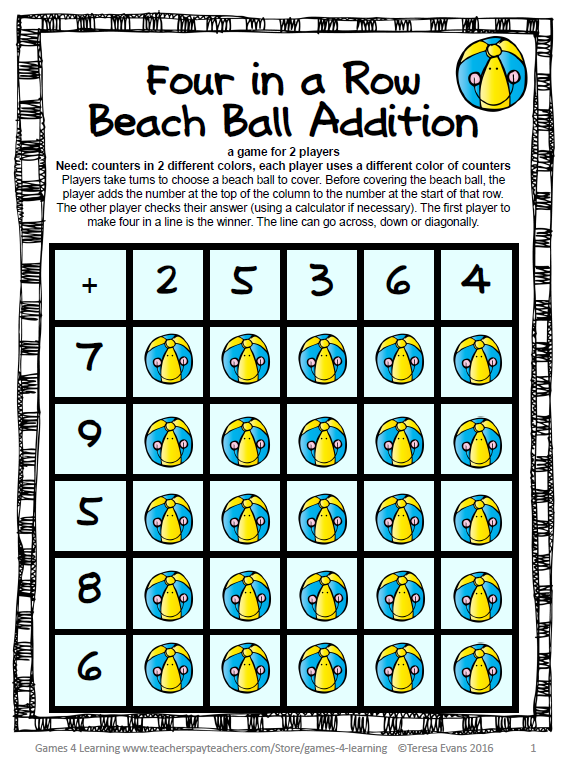 Four in a Row Beach Ball Addition - SchoolhouseTeachers.com
