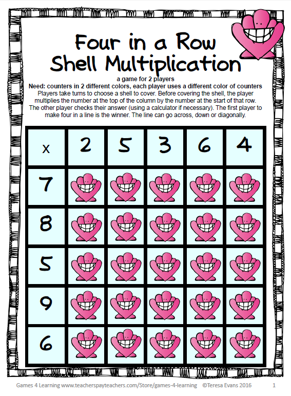 Four in a Row Shell Multiplication - SchoolhouseTeachers.com