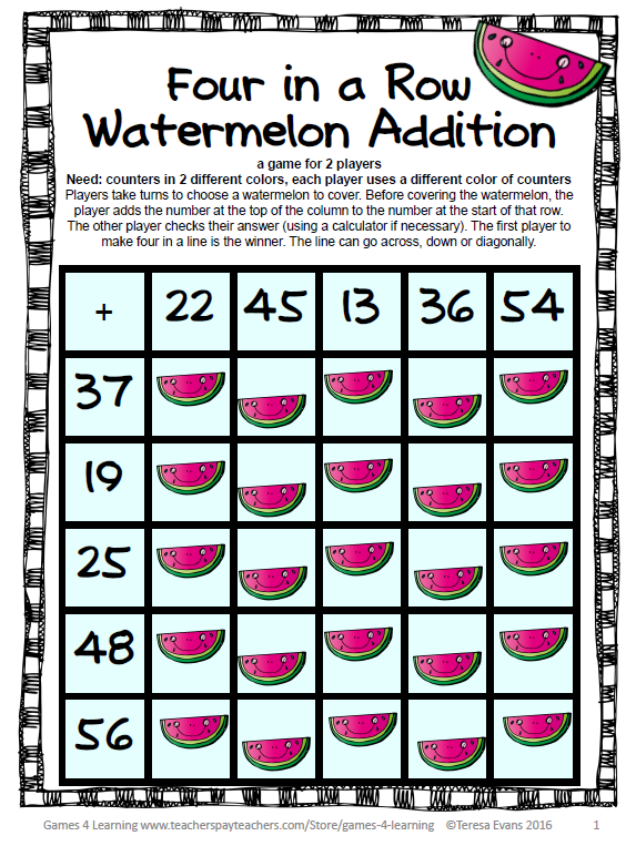 Four in a Row Watermelon Addition - SchoolhouseTeachers.com
