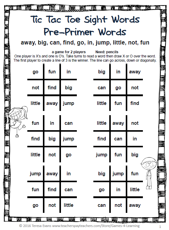 Tic Tac Toe Sight Words Pre-Primer Words - SchoolhouseTeachers.com