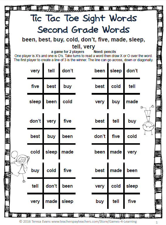 Tic Tac Toe Sight Words Second Grade Words - SchoolhouseTeachers.com