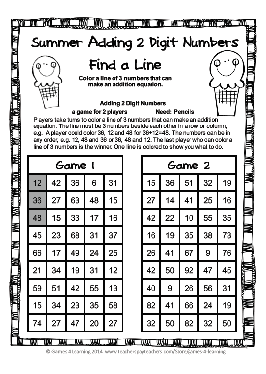 Summer Adding 2 Digit Numbers - SchoolhouseTeachers.com