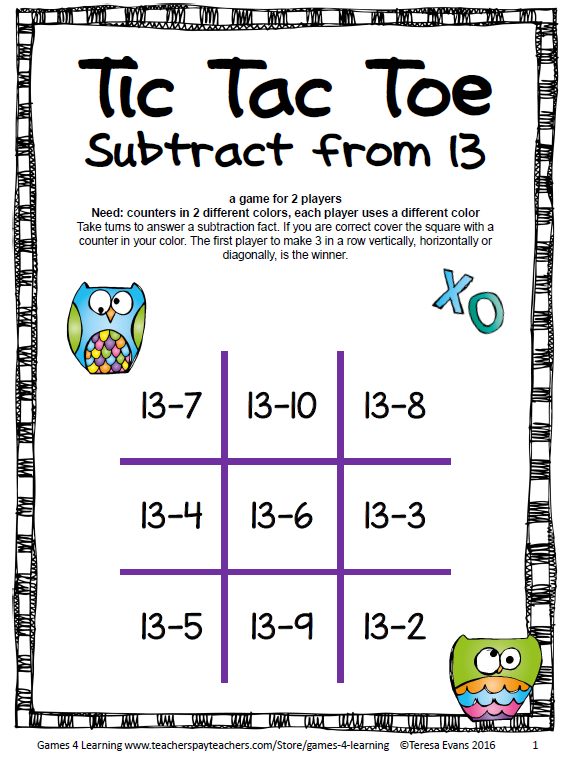 Tic Tac Toe Subtract from 13 - SchoolhouseTeachers.com