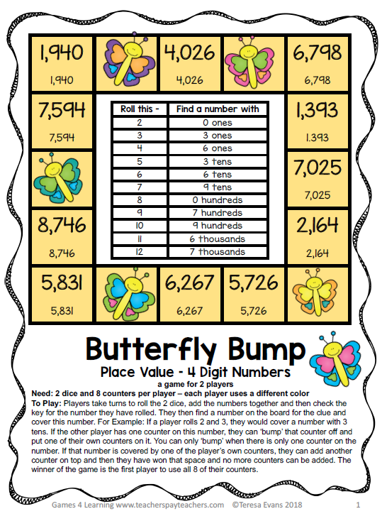 Butterfly Bump Place Value 4 Digit Numbers - SchoolhouseTeachers.com