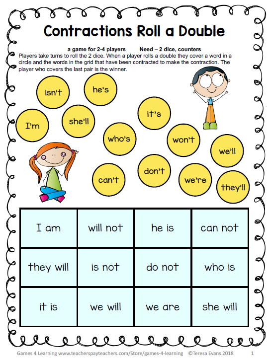 Contractions Roll a Double - SchoolhouseTeachers.com