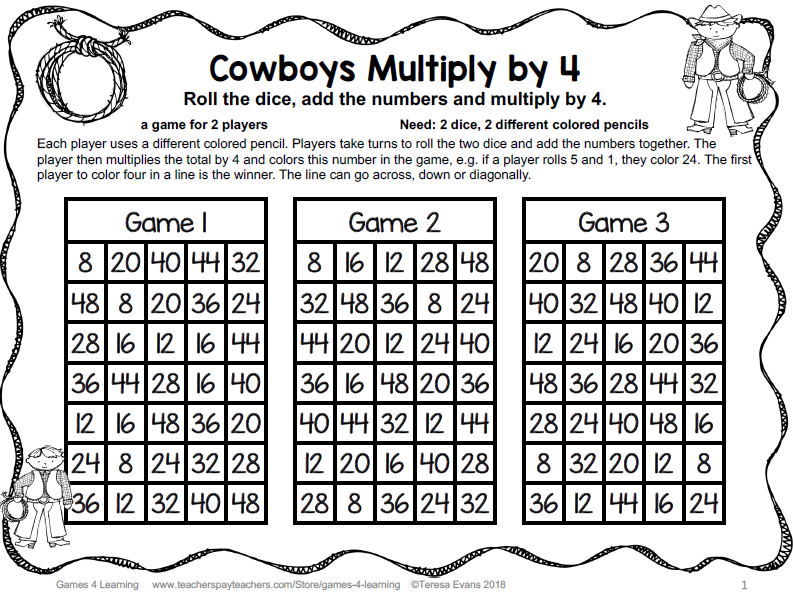 Cowboys Multiply by 4 - SchoolhouseTeachers.com