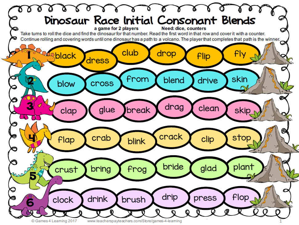 Dinosaur Race Initial Consonant Blends - SchoolhouseTeachers.com