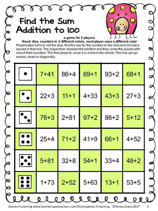 Find the Sum Addition to 100 - SchoolhouseTeachers.com