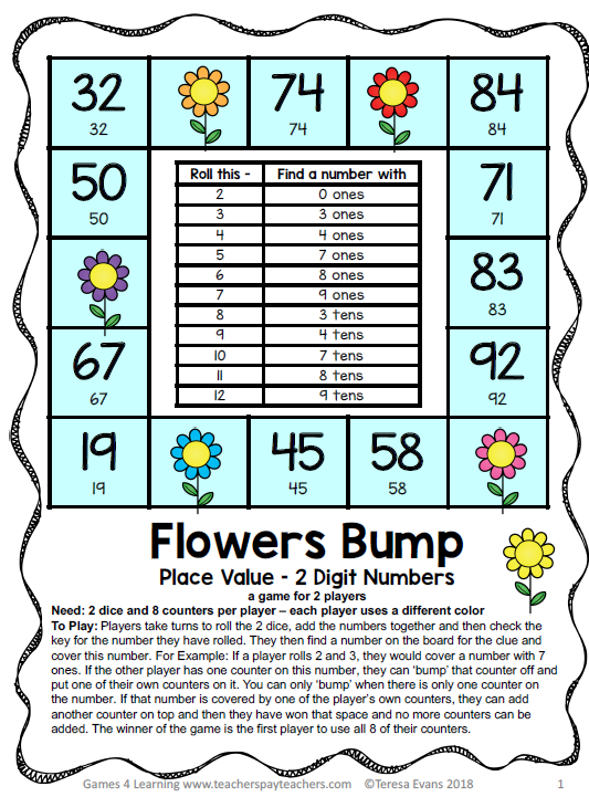 Flowers Bump Place Value 2 Digit Numbers - SchoolhouseTeachers.com