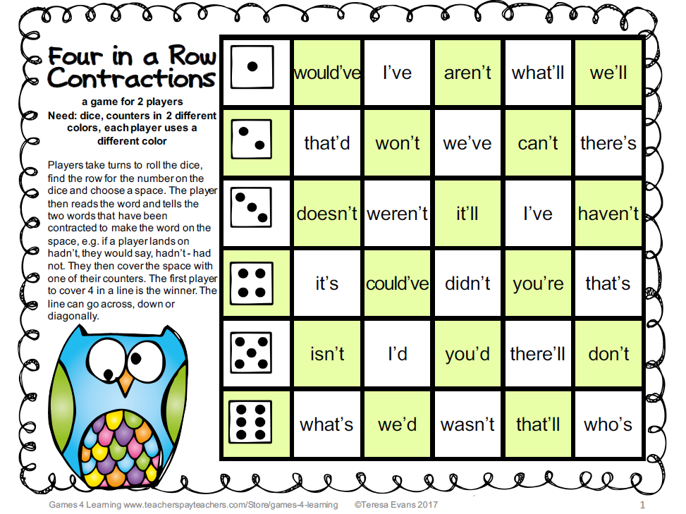 Four in a Row Contractions - SchoolhouseTeachers.com