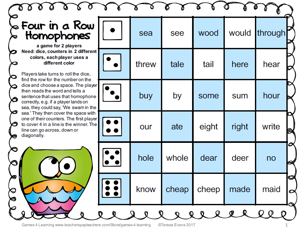 Four in a Row Homophones - SchoolhouseTeachers.com