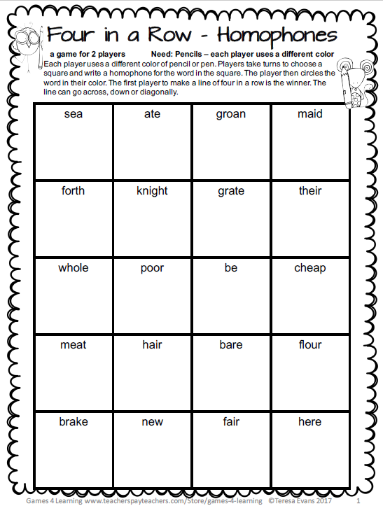 Four in a Row Homophones - SchoolhouseTeachers.com