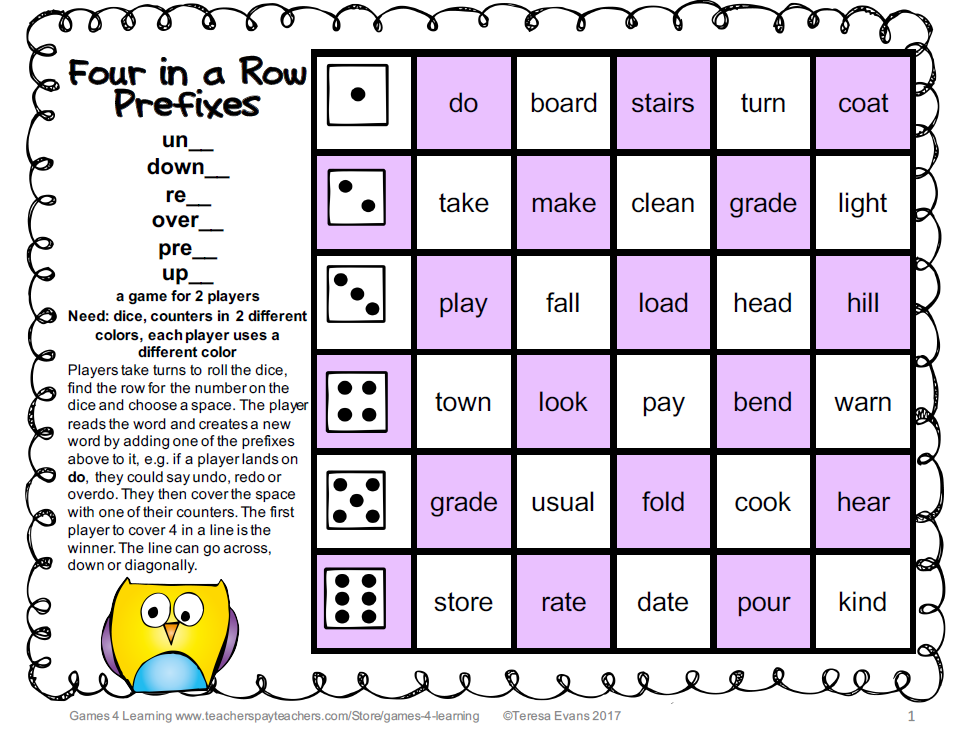 Four in a Row Prefixes - SchoolhouseTeachers.com