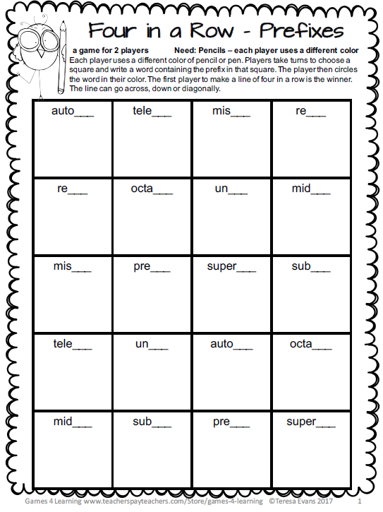 Four in a Row Prefixes - SchoolhouseTeachers.com