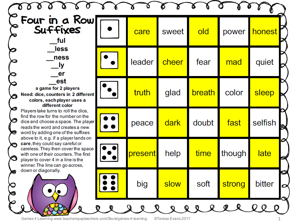 Four in a Row Suffixes - SchoolhouseTeachers.com