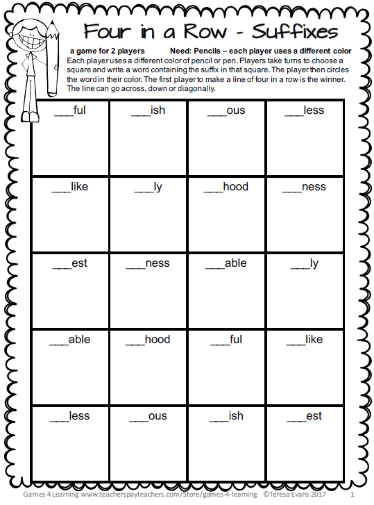 Four in a Row Suffixes - SchoolhouseTeachers.com