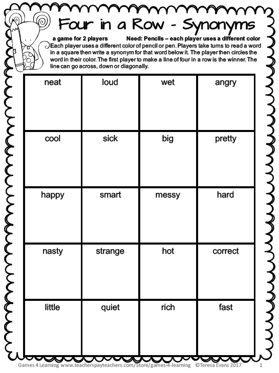 Four in a Row Synonyms - SchoolhouseTeachers.com