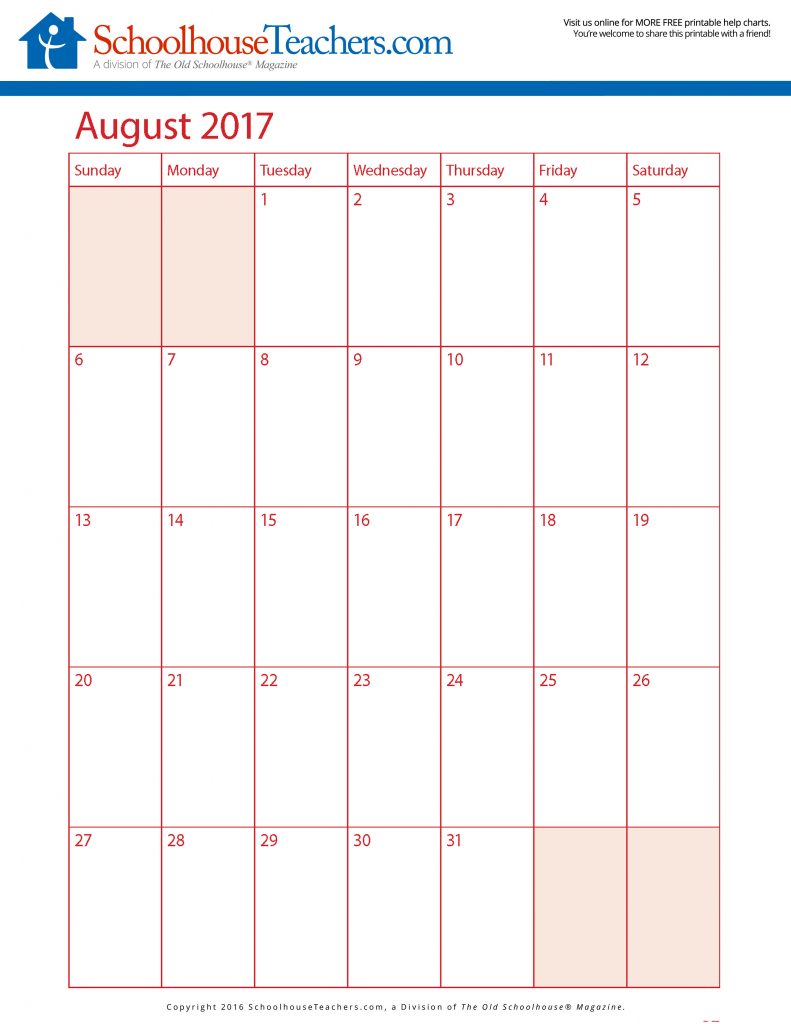 Free Printable Calendars 2016/2017 - Schoolhouse Teachers