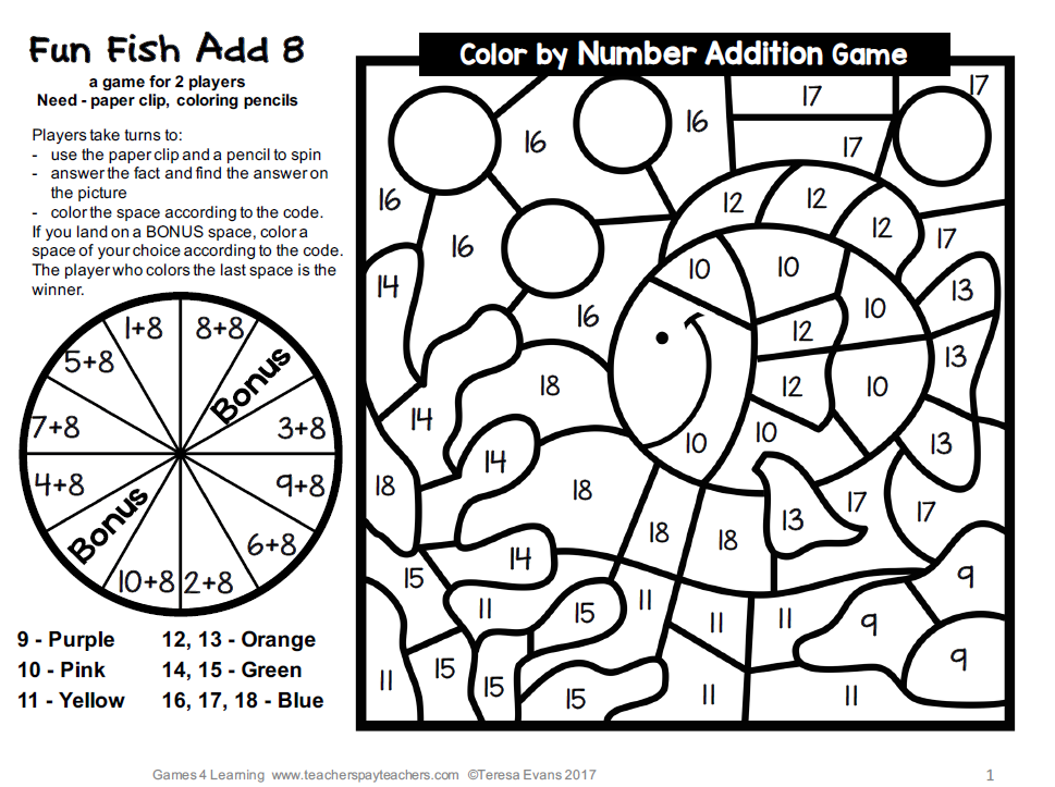Fun Fish Add 8 Color by Number Game - SchoolhouseTeachers.com