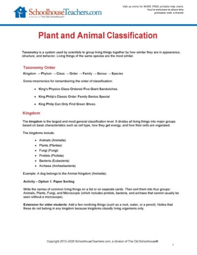 Printable Nature Journal and Animal Classification List