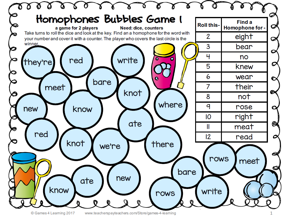 Homophone Bubbles Game - SchoolhouseTeachers.com