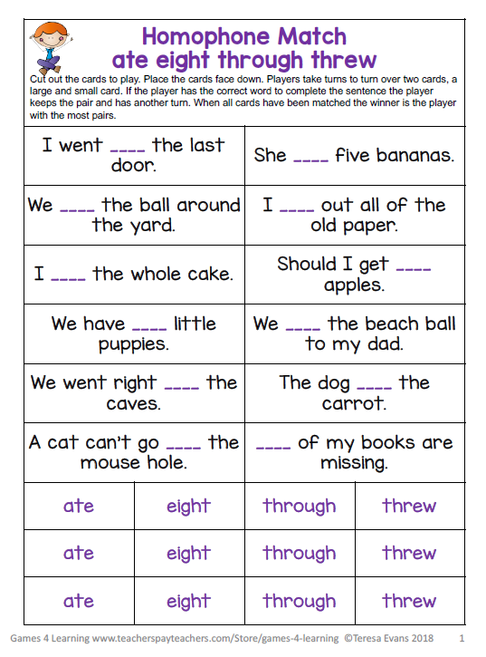 Homophone Match ate eight through threw - SchoolhouseTeachers.com