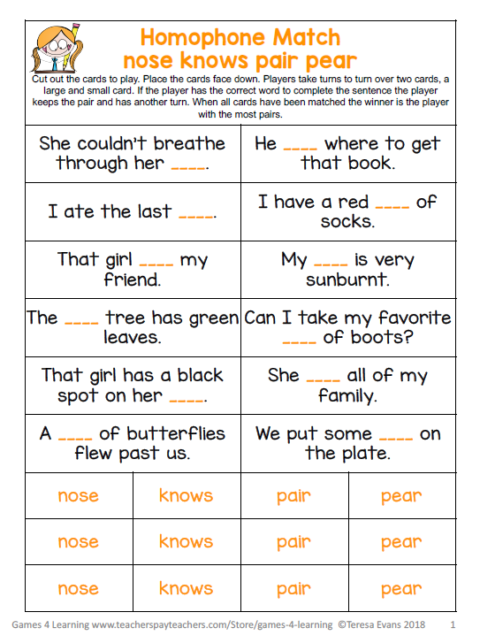 Homophone Match nose knows pair pear - SchoolhouseTeachers.com