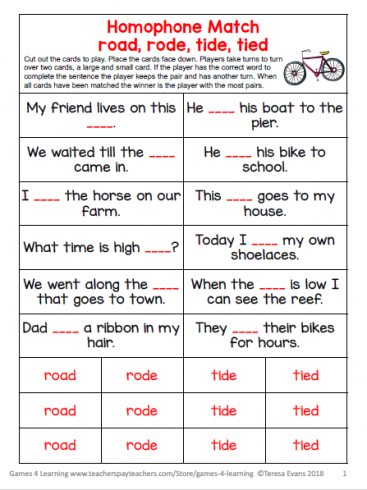 Homophone Match road rode tide tied - SchoolhouseTeachers.com