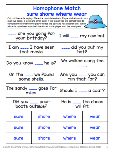Homophone Match sure shore where wear - SchoolhouseTeachers.com