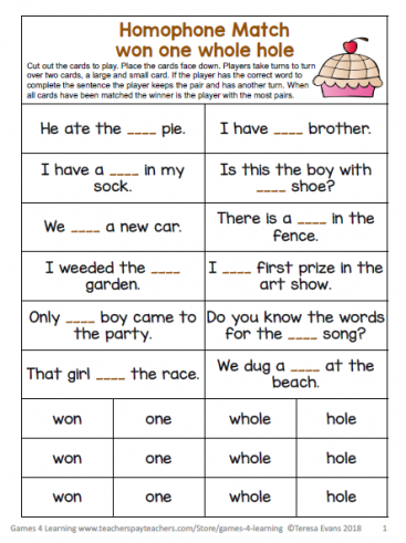 Homophone Match won one whole hole - SchoolhouseTeachers.com