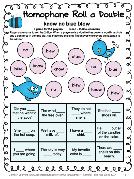Homophone Roll a Double know no blue blew - SchoolhouseTeachers.com