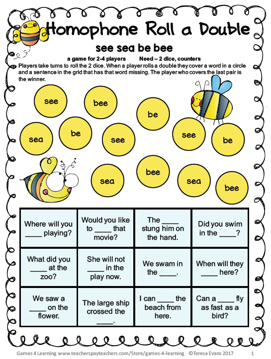 Homophone Roll a Double see, sea, be, bee - SchoolhouseTeachers.com
