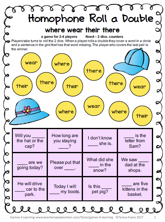Homophone Roll a Double where wear their there - SchoolhouseTeachers.com