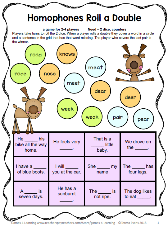 Homophones Roll a Double - SchoolhouseTeachers.com