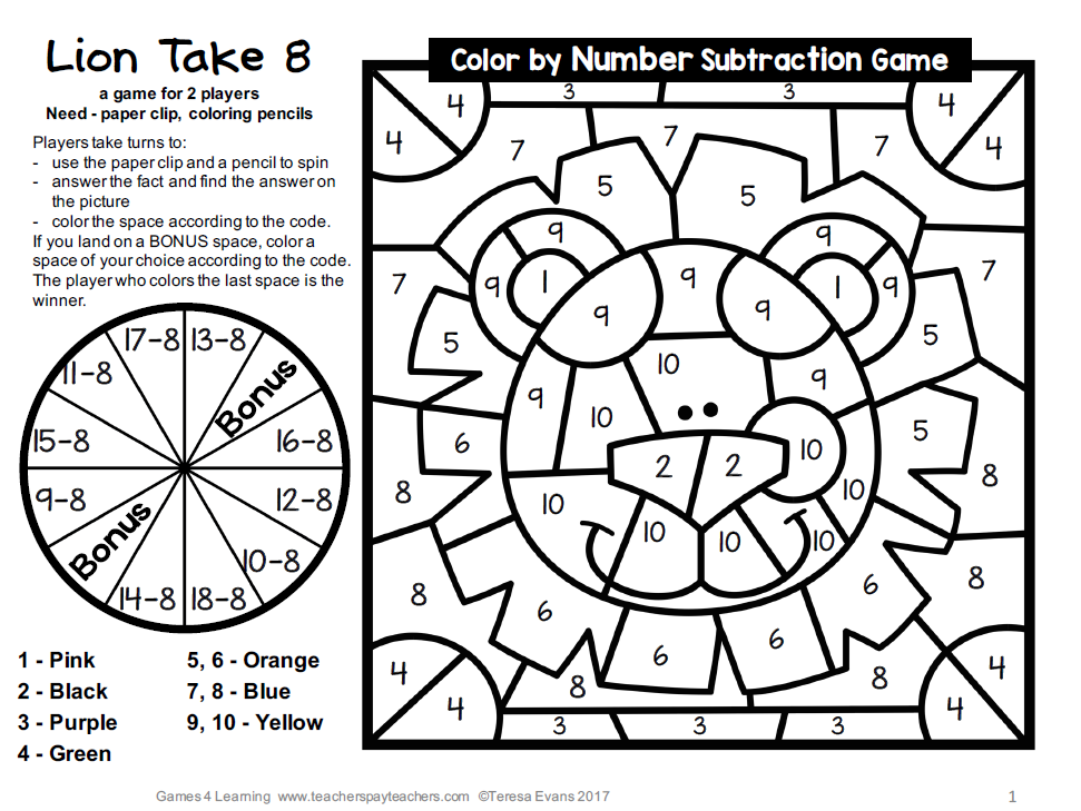 Lion Take 8 Color by Number Game - SchoolhouseTeachers.com