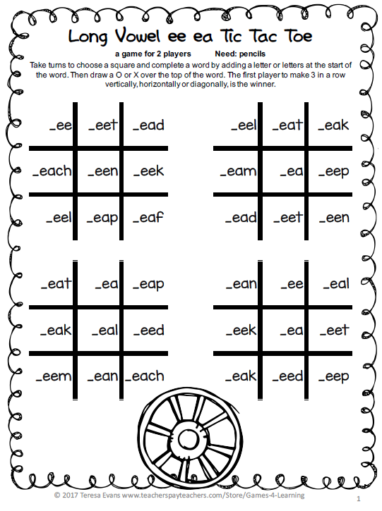 Long Vowel ee ea Tic Tac Toe - SchoolhouseTeachers.com