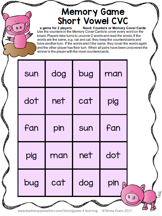 Memory Game Short Vowel CVC - SchoolhouseTeachers.com