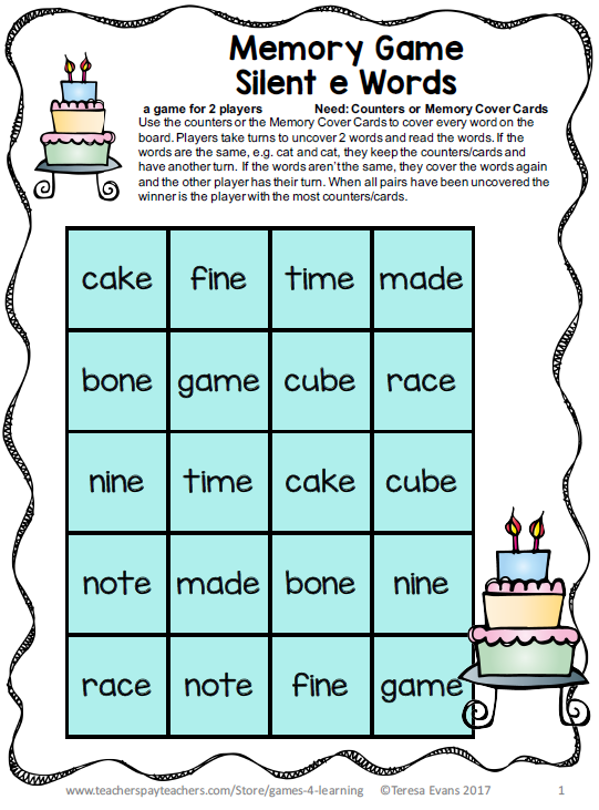 Memory Game Silent e Words - SchoolhouseTeachers.com