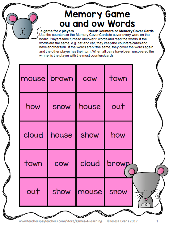Memory Game ou and ow Words - SchoolhouseTeachers.com