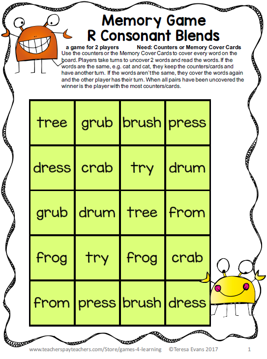 Memory Game R Consonant Blends - SchoolhouseTeachers.com