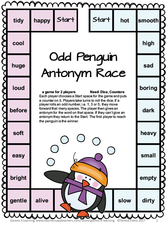 Odd Penguin Antonym Race - SchoolhouseTeachers.com