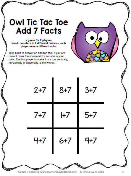 Owl Tic Tac Toe Add 7 - SchoolhouseTeachers.com