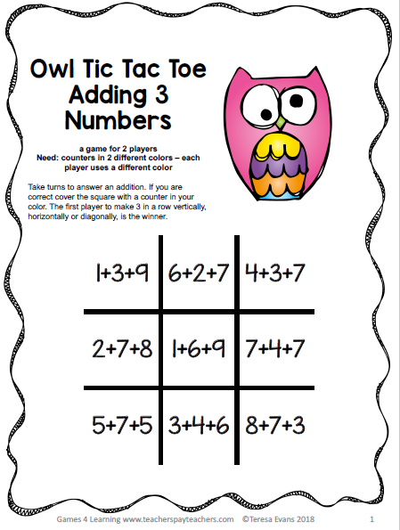 Owl Tic Tac Toe Adding 3 Numbers - SchoolhouseTeachers.com