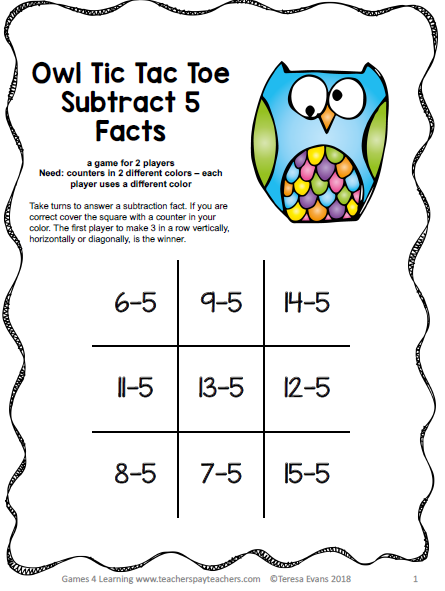 Owl Tic Tac Toe Subtract 5 Facts - SchoolhouseTeachers.com
