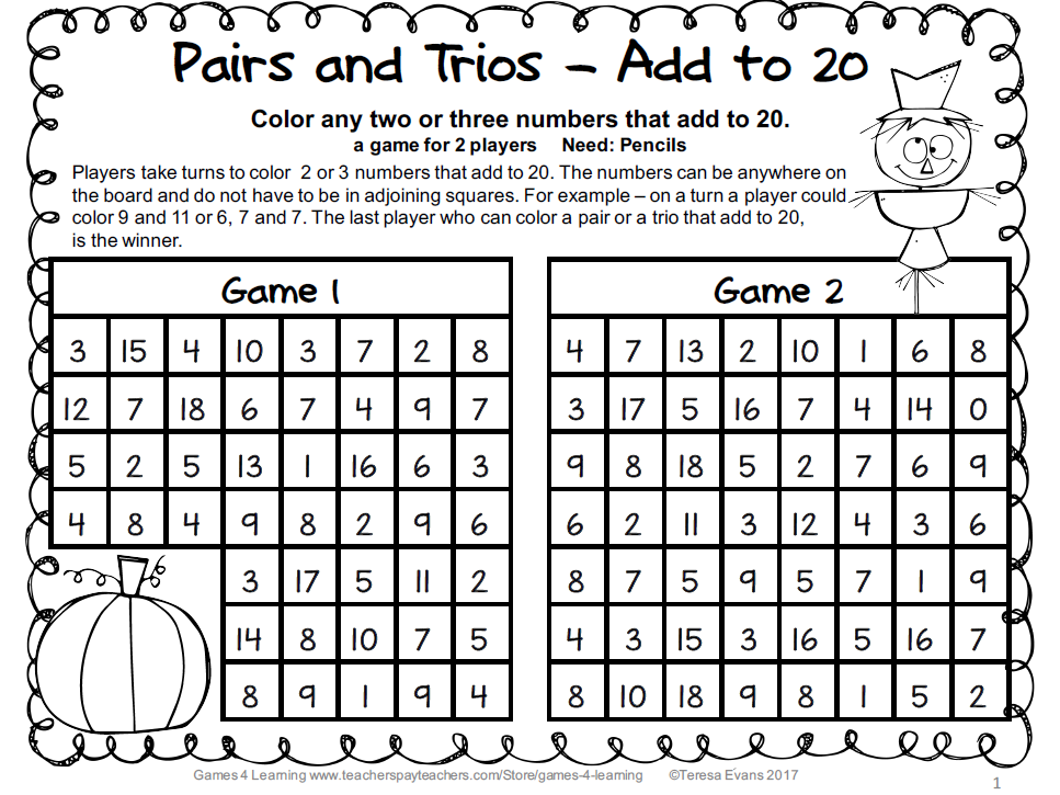 Pairs and Trios Add to 20 - SchoolhouseTeachers.com