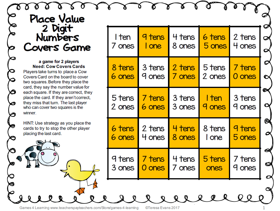 Place Value 2 Digits Covers Game - SchoolhouseTeachers.com