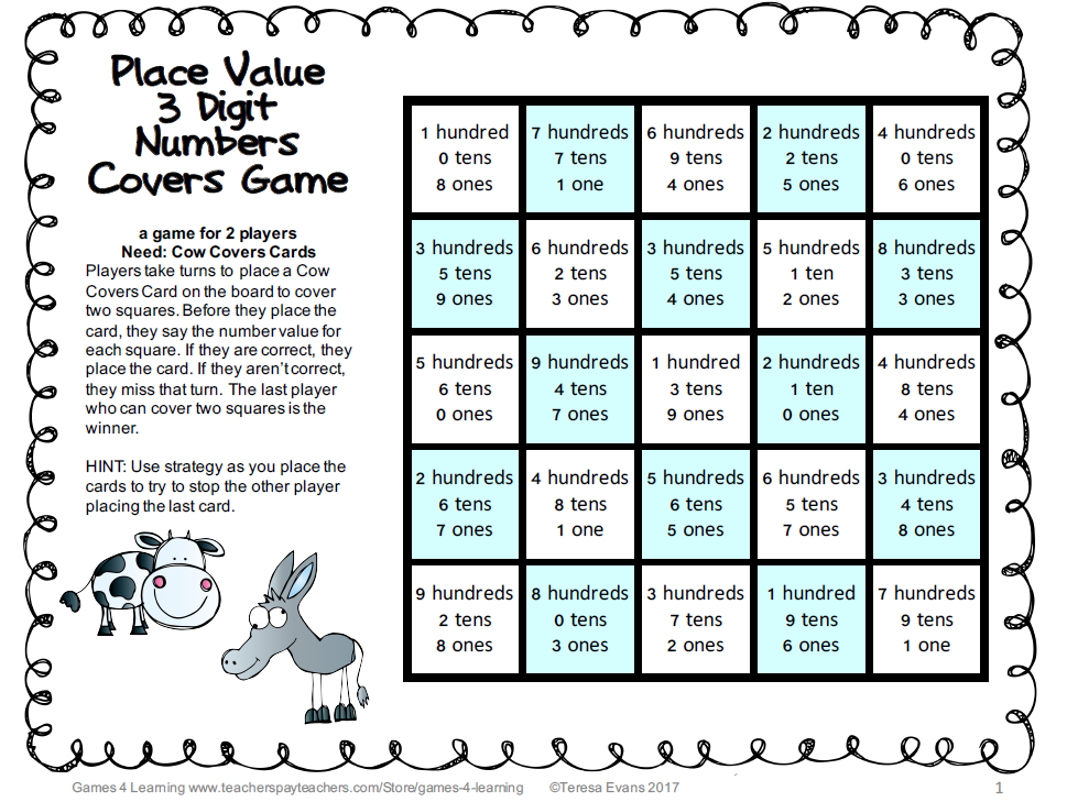 Place Value 3 Digits Covers Game - SchoolhouseTeachers.com