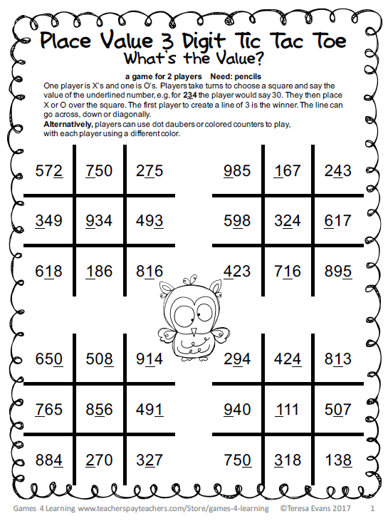Place Value 3 Digits Tic Tac Toe What’s the Value - SchoolhouseTeachers.com