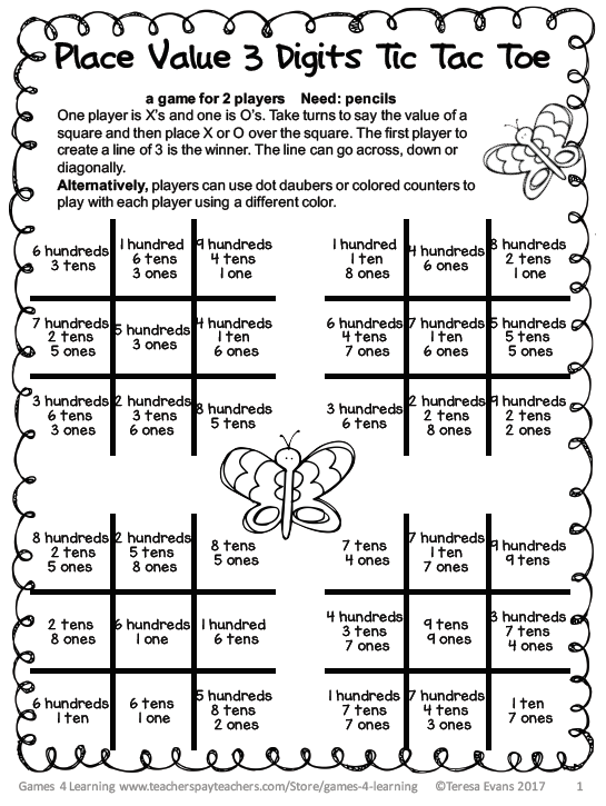Place Value 3 Digits Tic Tac Toe - SchoolhouseTeachers.com